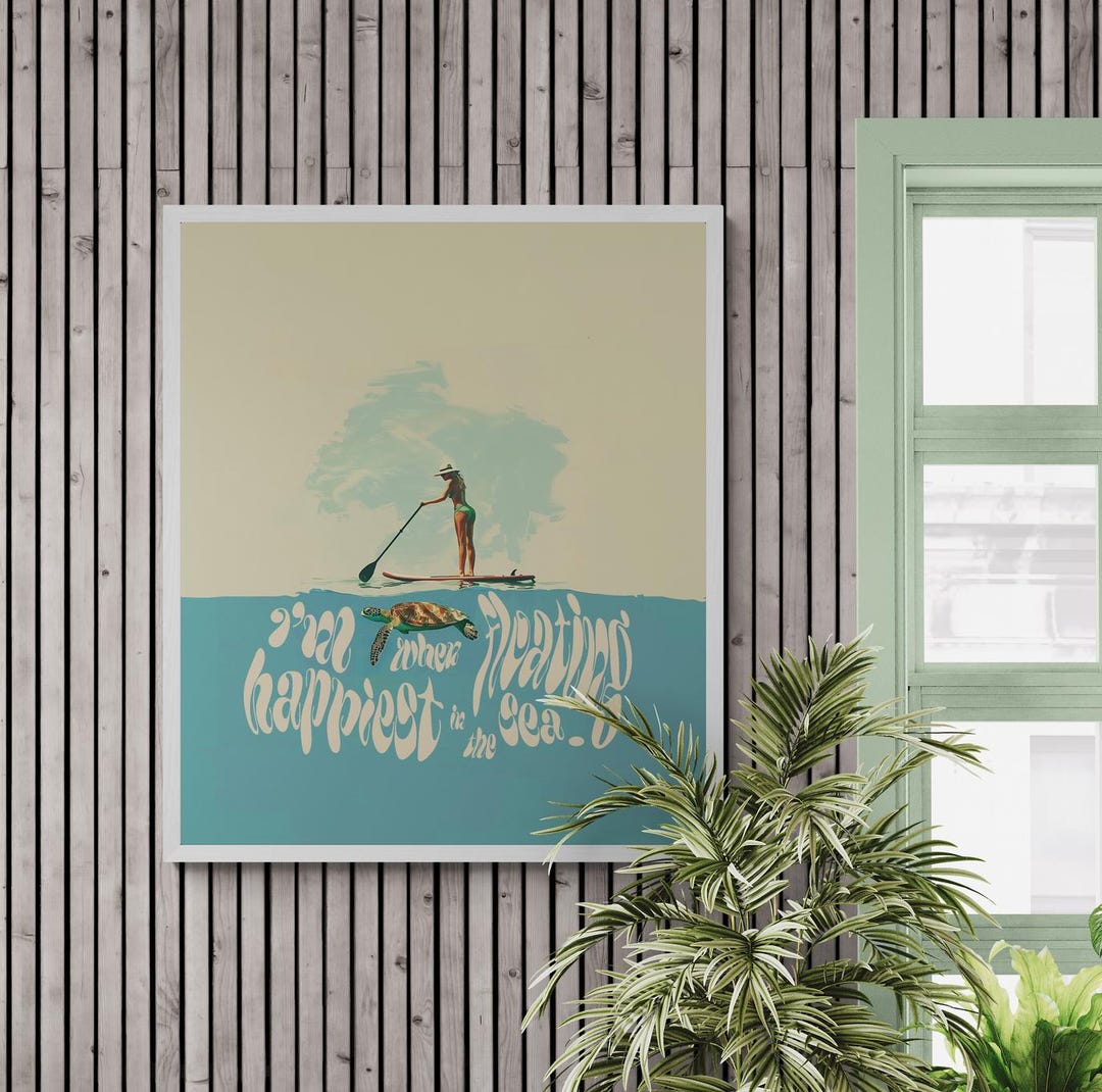 Paddle Boarding Sea Turtle Art Print, Beach House Decor - Etsy