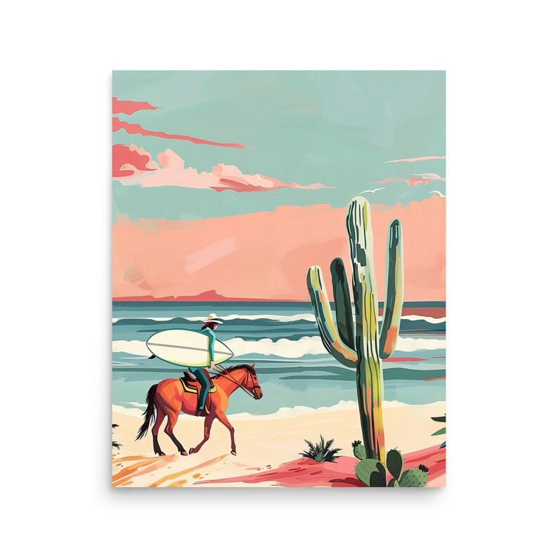 Surf Cowboy Riding a Horse Art Print Illustration - Pink Skies Beach ...