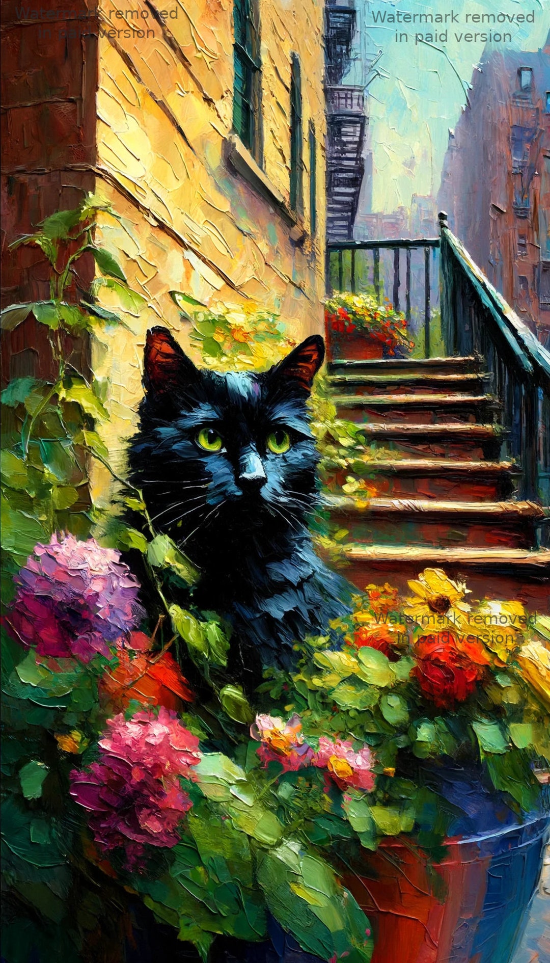 Black Cat on Stairwell 300dpi Digital Download Impasto Style Painting ...