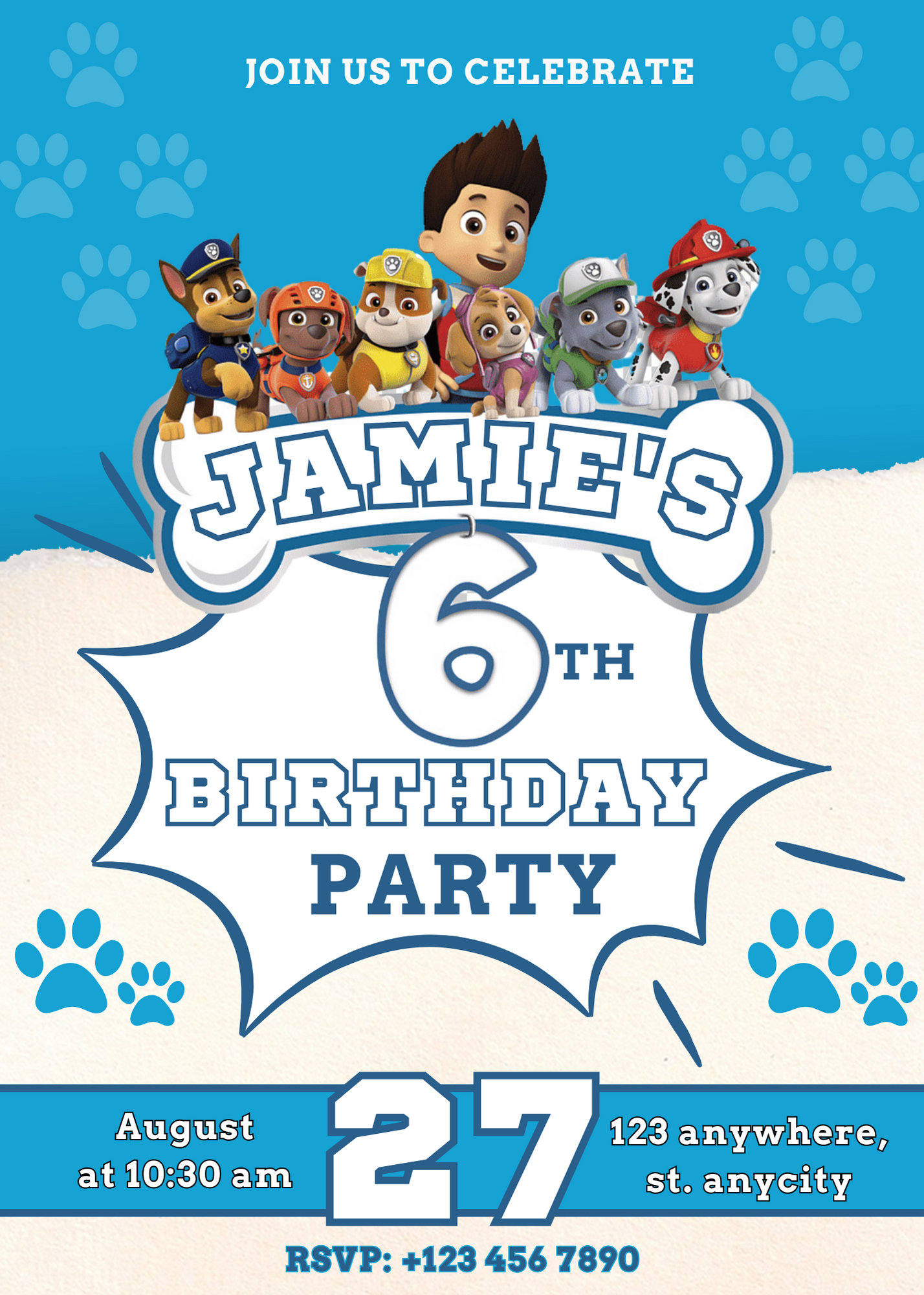 Editable 6th Birthday Invitation, Kids Paw Patrol Birthday Party ...