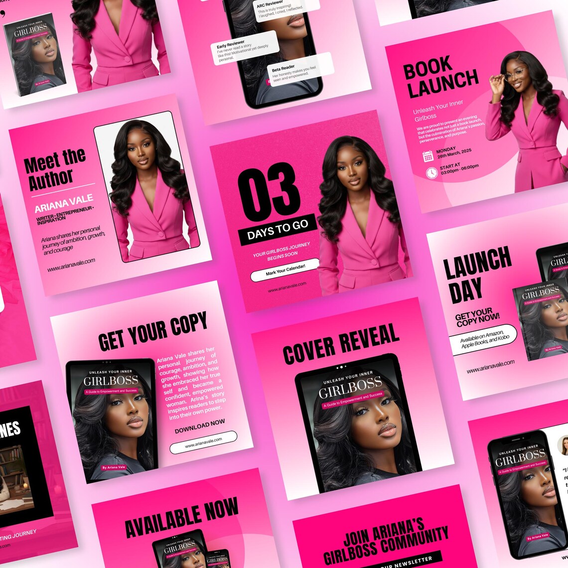 Pink & Black Book Launch Bundle Canva Templates, 15 Square Templates ...