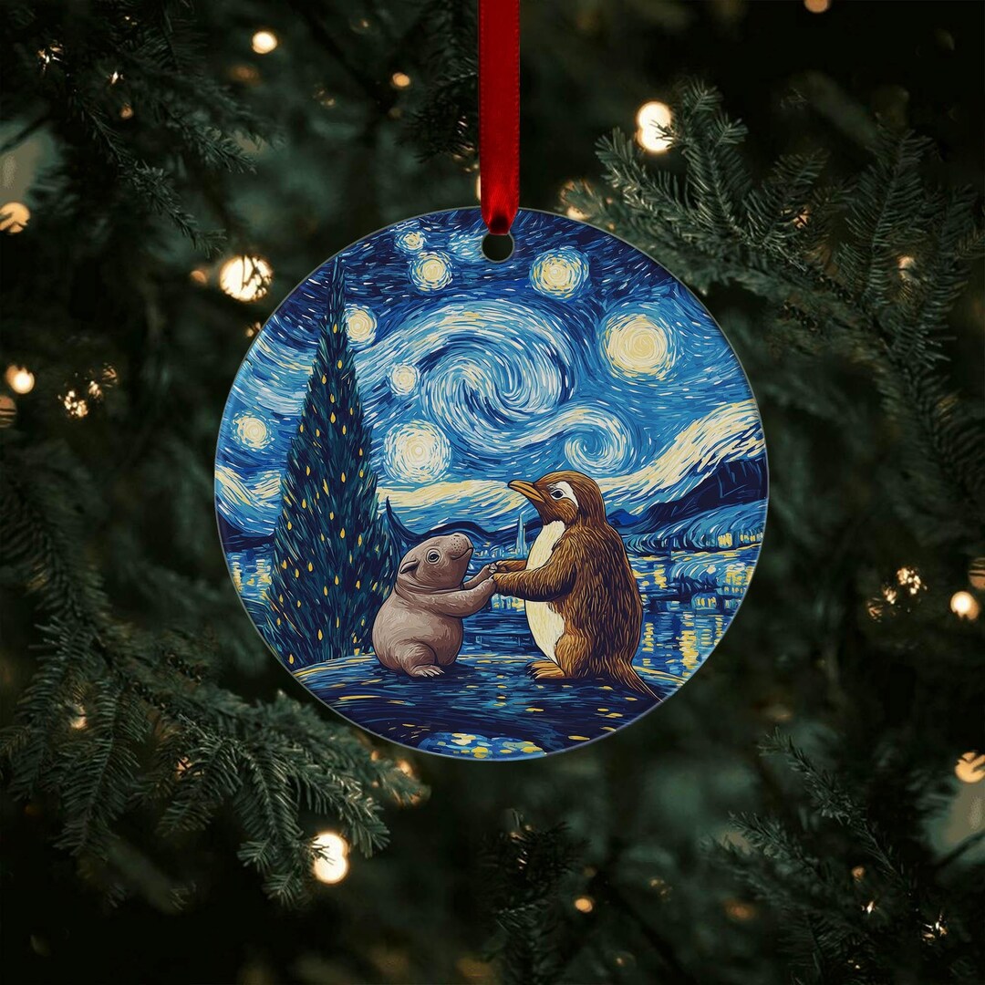 Moodeng and Pesto Glass Ornament, Starry Night Ornament, Pesto Penguin ...