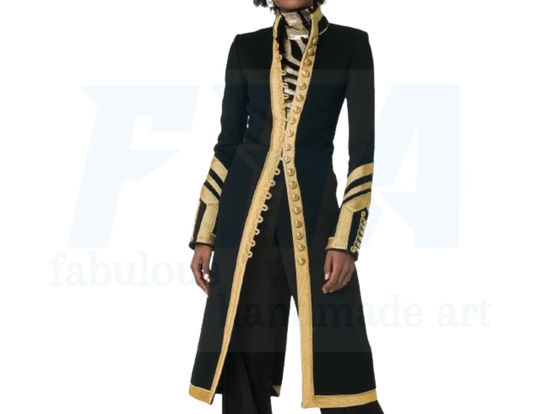 Women Black Wool Hussar Paco Rabanne Fashion Coat, Golden Braid ...