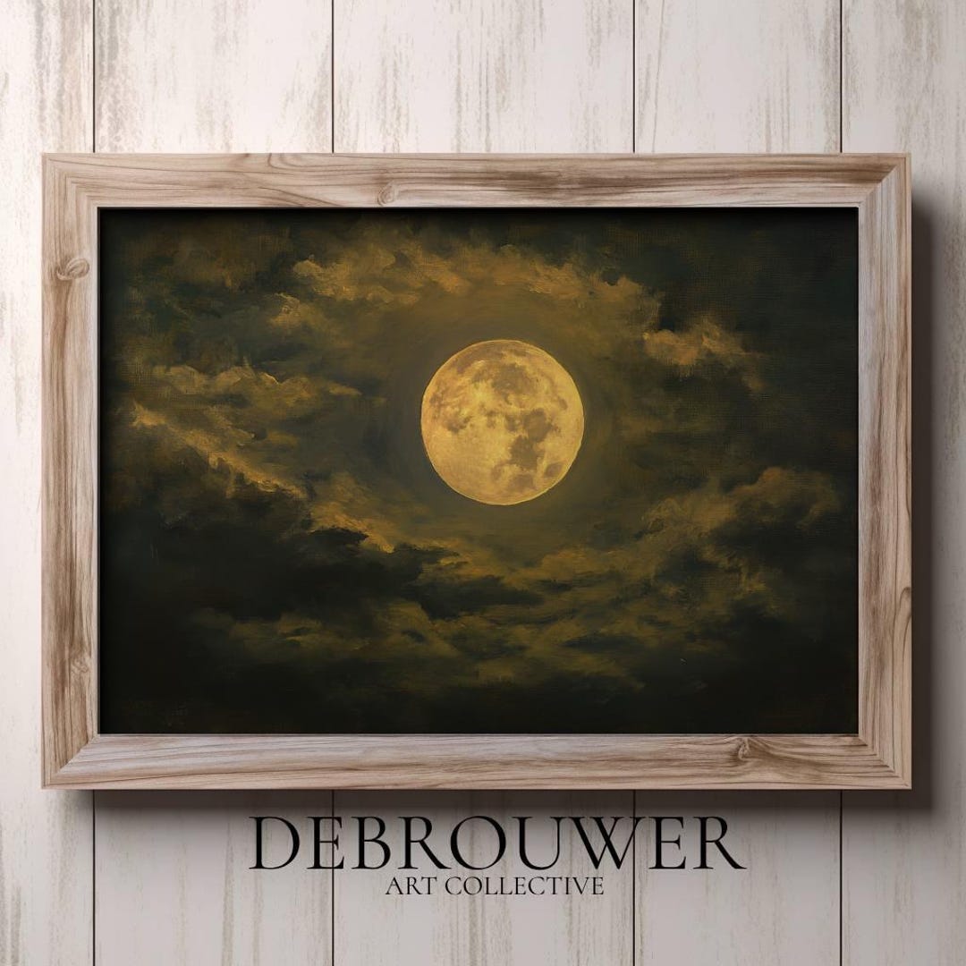 Moon Light Oil Painting, Night Sky Wall Art, Glowing Moon Print, Cloudy ...