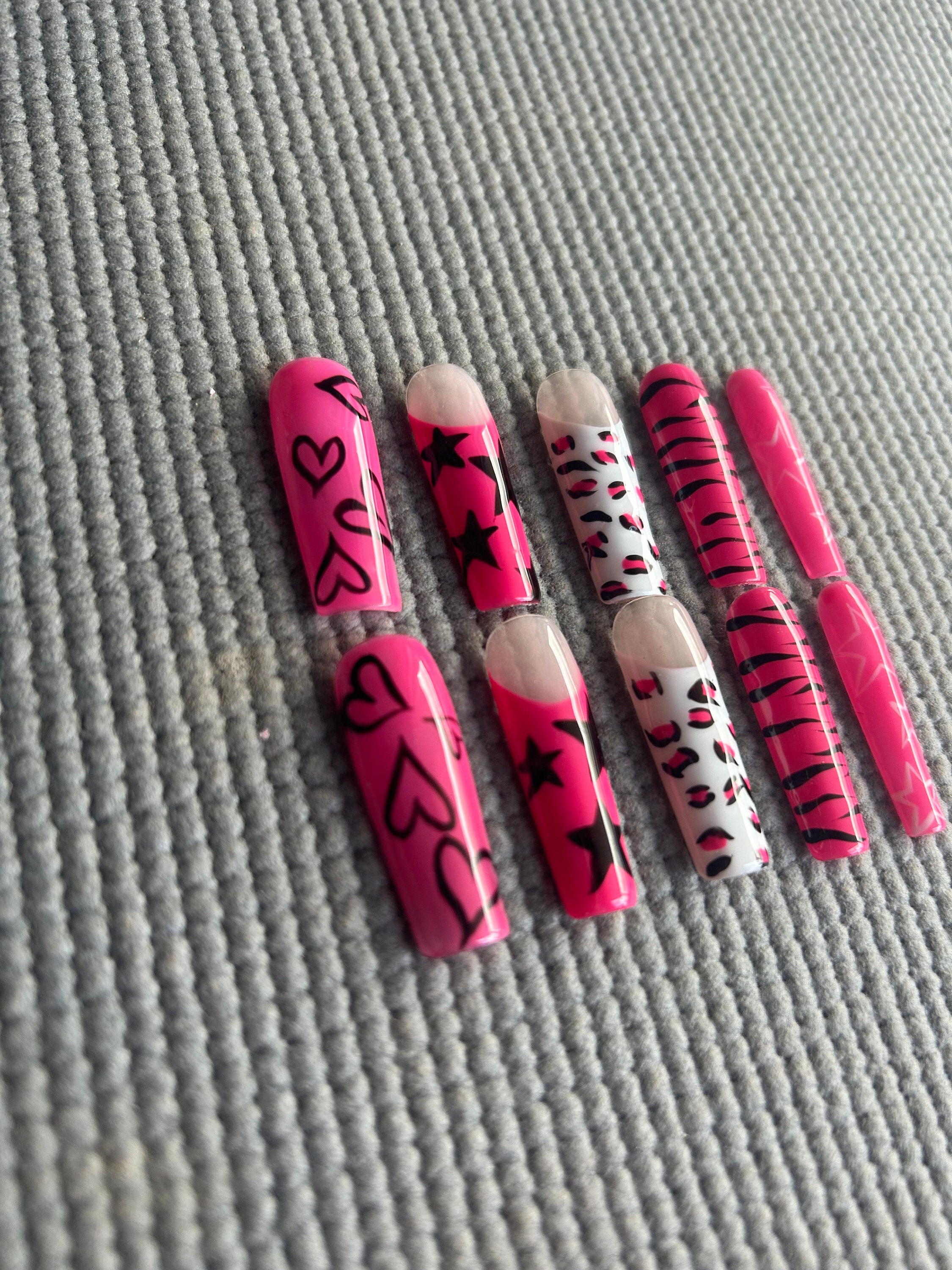 Y2K Baddie Long Nails French Tip Heart Design Hand Painted Pink Zebra ...