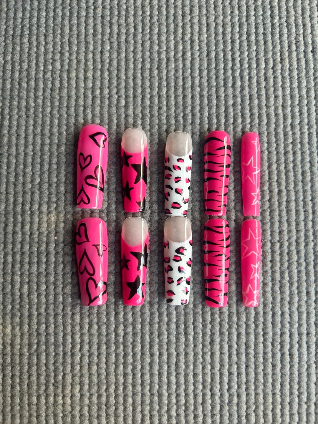 Y2K Baddie Long Nails French Tip Heart Design Hand Painted Pink Zebra ...