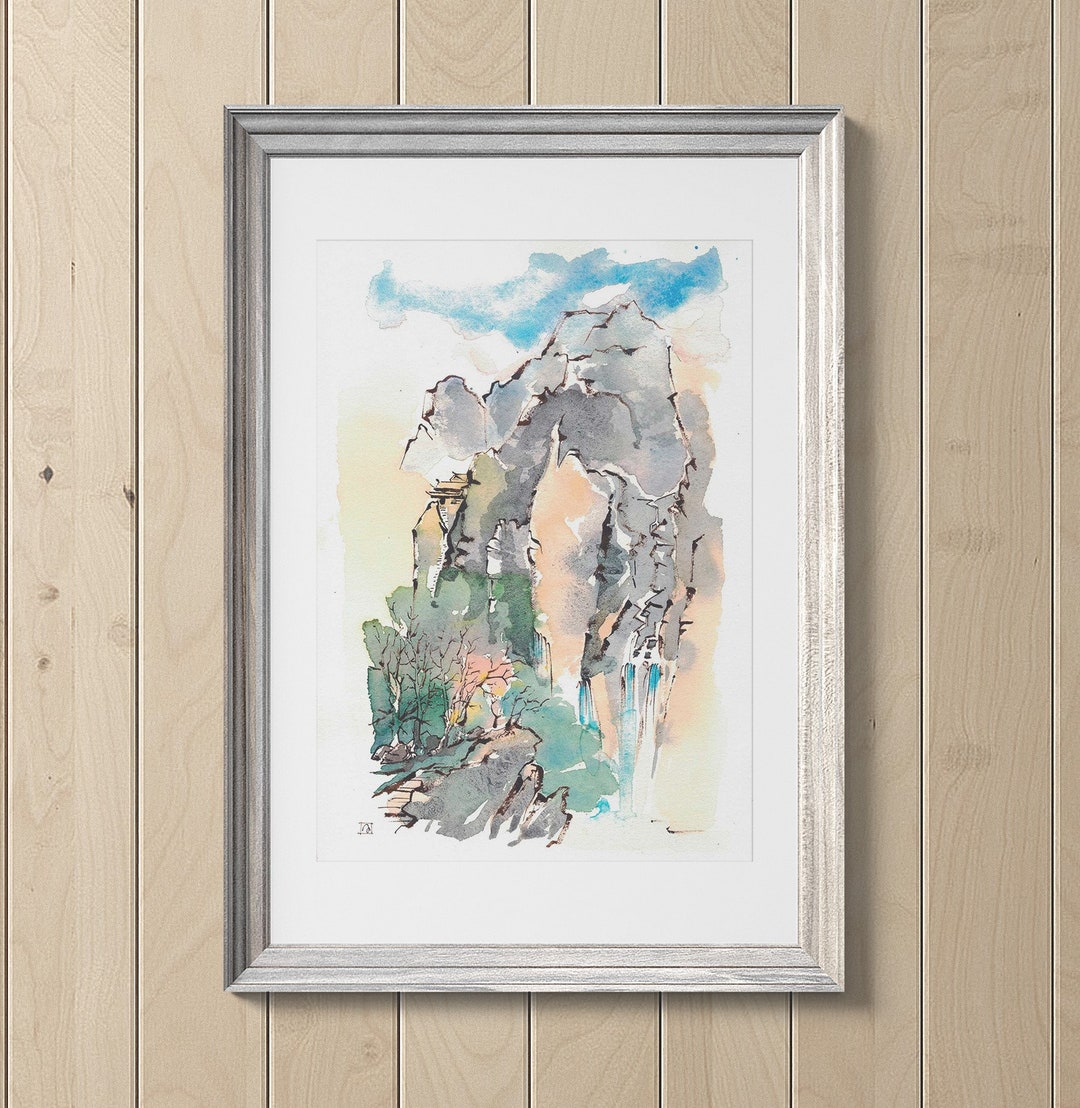 Mountain and Temple Landscape, Waterfall and Treen With Lake, Adan ...