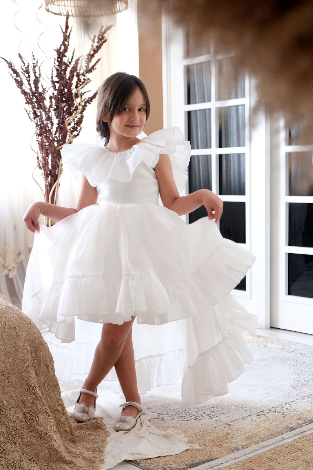 Organza White High Low Girl Dress, Tulle Flower Girl Dress, Rustic ...