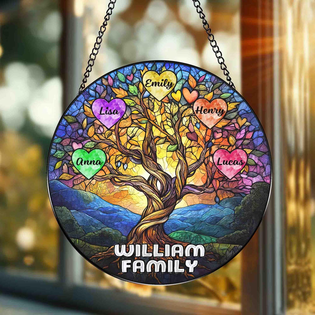 Personalized Family Tree Suncatcher, Stained Glass Tree of Life, Family ...