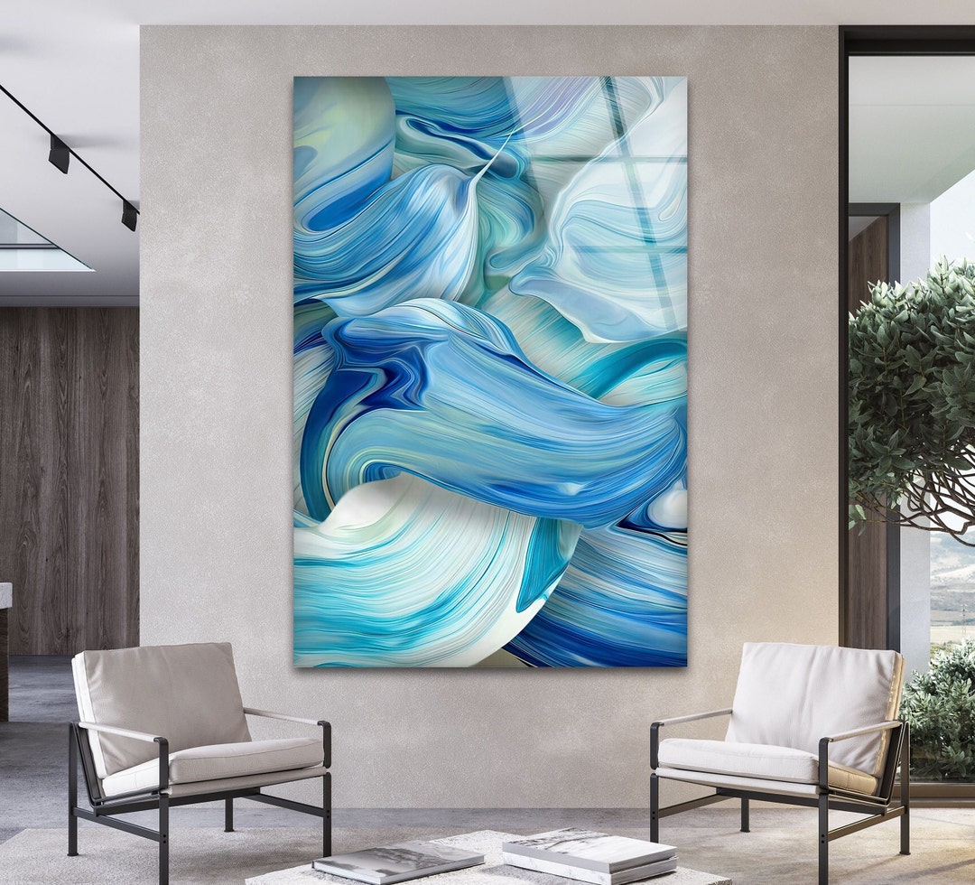 Blue Abstract Tempered Glass Wall Art: Modern Home Decor - Etsy
