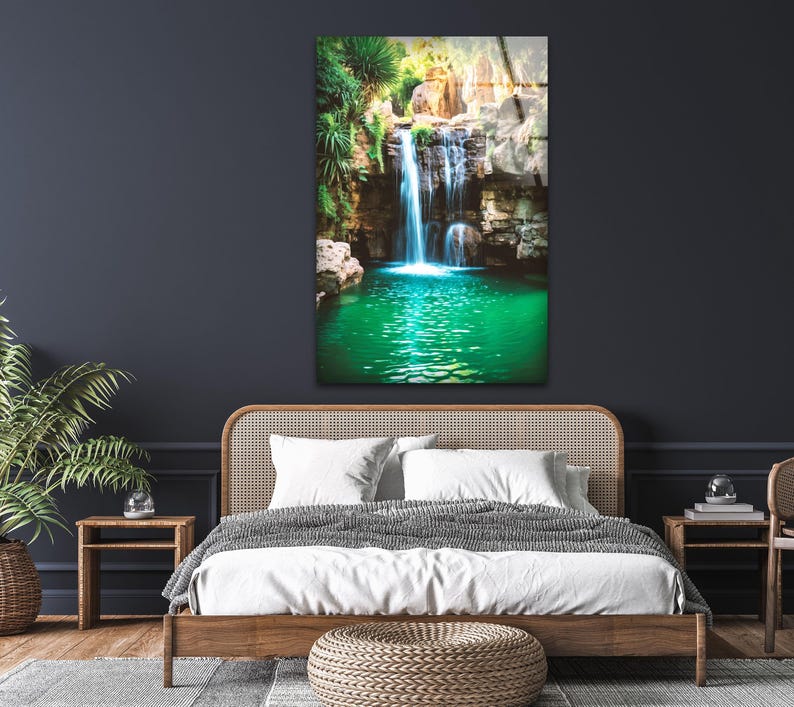 Tropical Waterfall Glass Wall Art, Emerald Pool Jungle Nature Photo ...