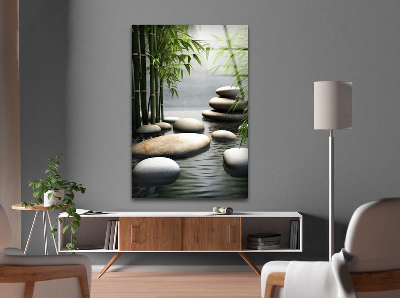 Zen Bamboo & Stacked Stones Glass Wall Art, Spa Bathroom Decor ...
