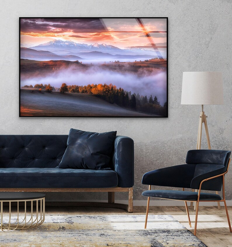 Misty Valley Sunrise Glass Wall Art, Autumn Forest Mountains Landscape ...