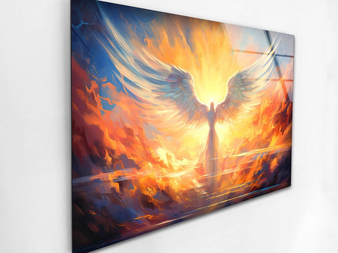 Fiery Angel Wings Glass Wall Art, Radiant Heaven Light Fantasy Photo ...