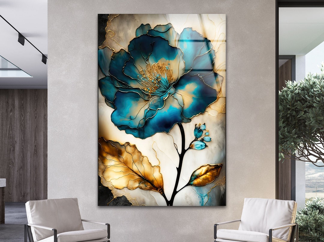 Blue Floral Glass Wall Art, Elegant Gold Ink Flower Print, Large Modern ...