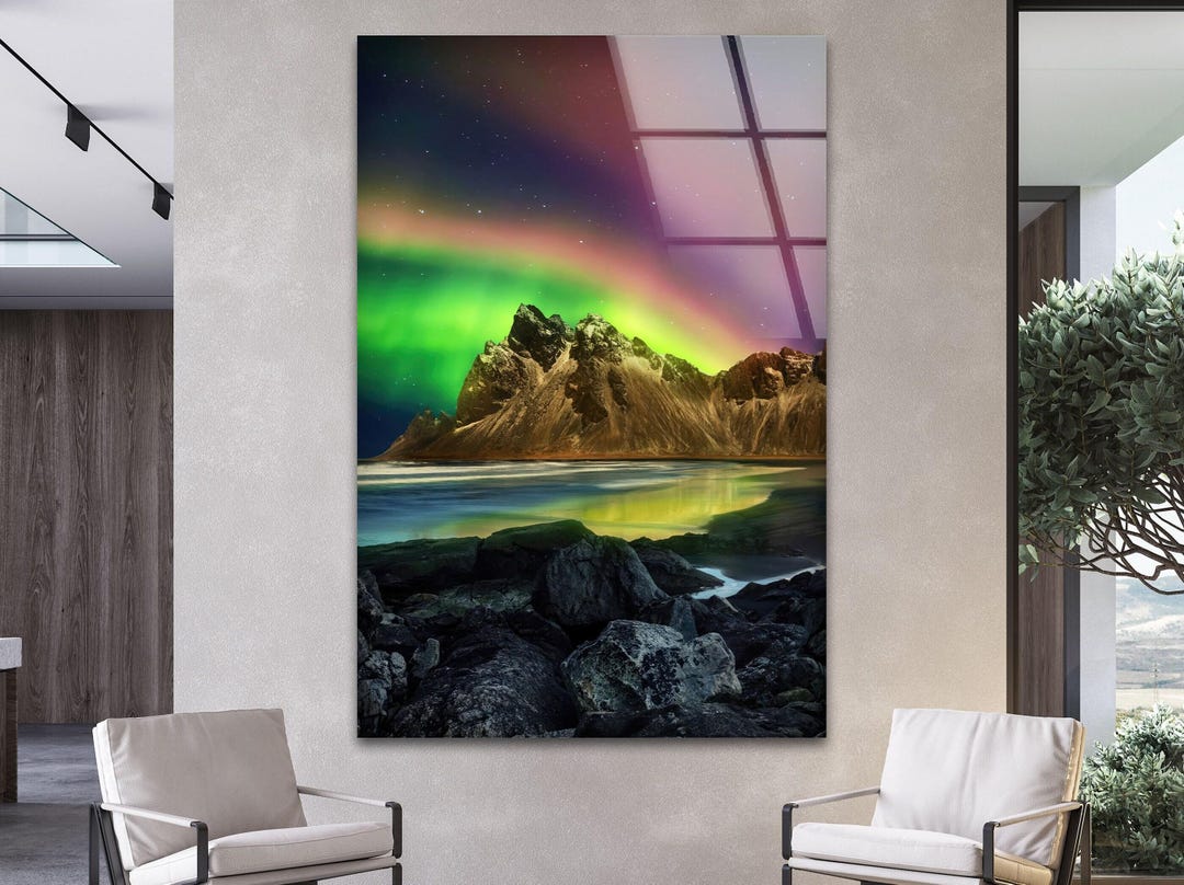 Northern Lights Mountain Glass Wall Art, Aurora Night Landscape Photo ...