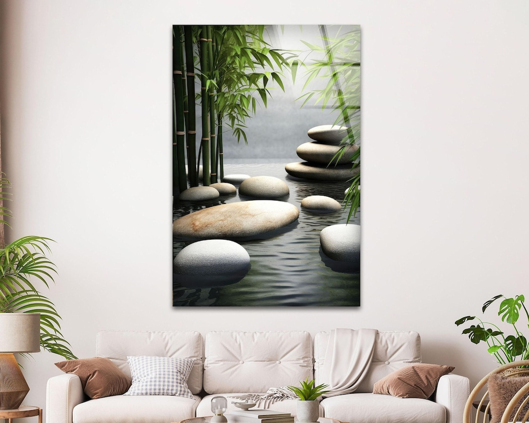 Zen Bamboo & Stacked Stones Glass Wall Art, Spa Bathroom Decor ...