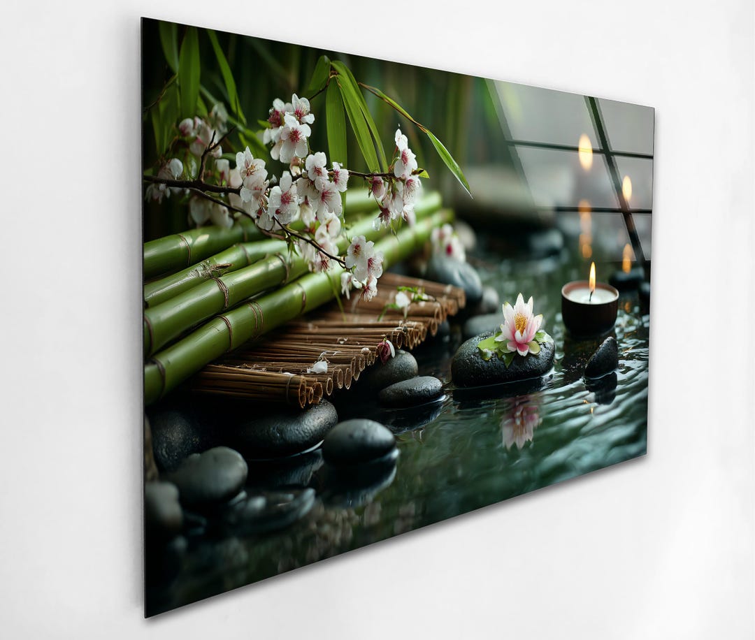 Zen Spa Glass Wall Art – Bamboo & Lotus Candle Scene, Peaceful Water ...
