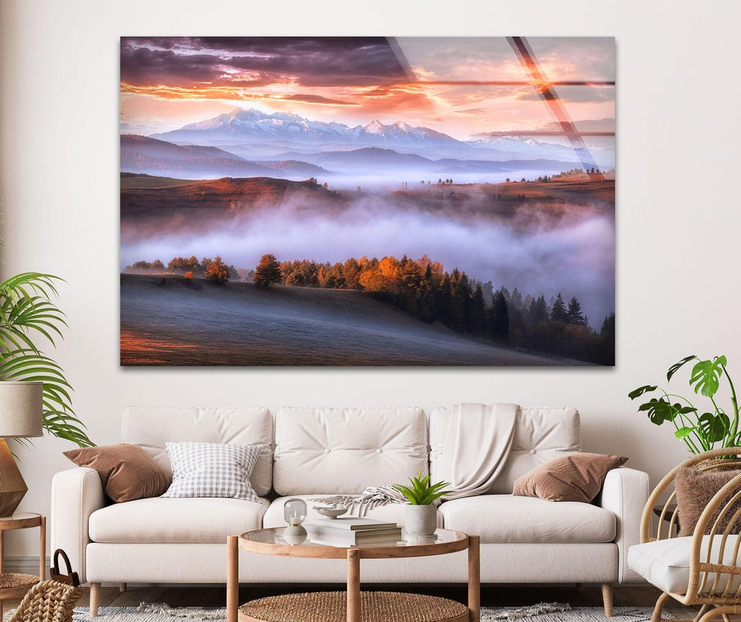 Misty Valley Sunrise Glass Wall Art, Autumn Forest Mountains Landscape ...