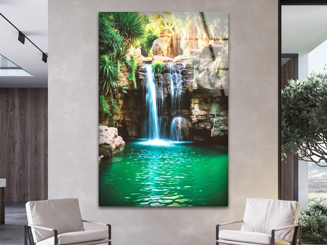 Tropical Waterfall Glass Wall Art, Emerald Pool Jungle Nature Photo ...