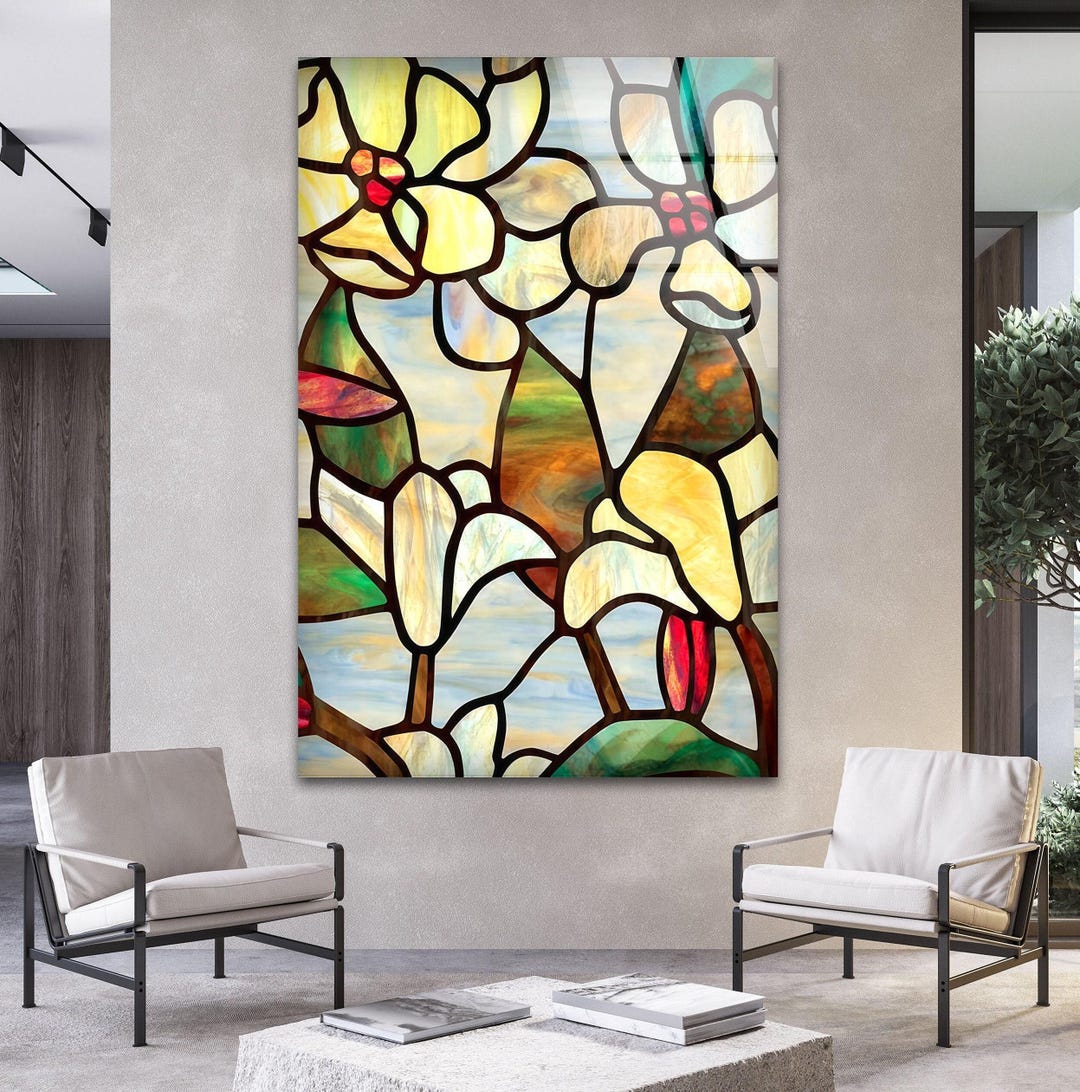 Magnolia Stained Glass Tempered Glass Wall Art, Soft Neutral Floral ...