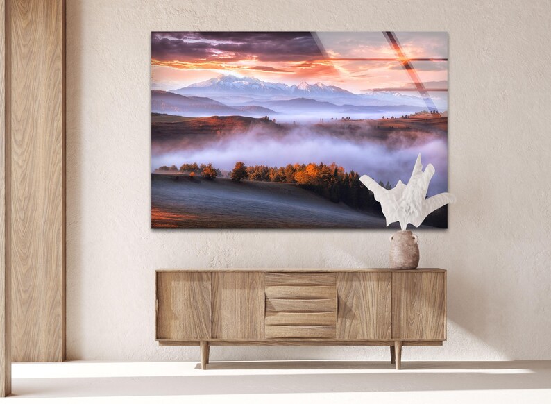 Misty Valley Sunrise Glass Wall Art, Autumn Forest Mountains Landscape ...