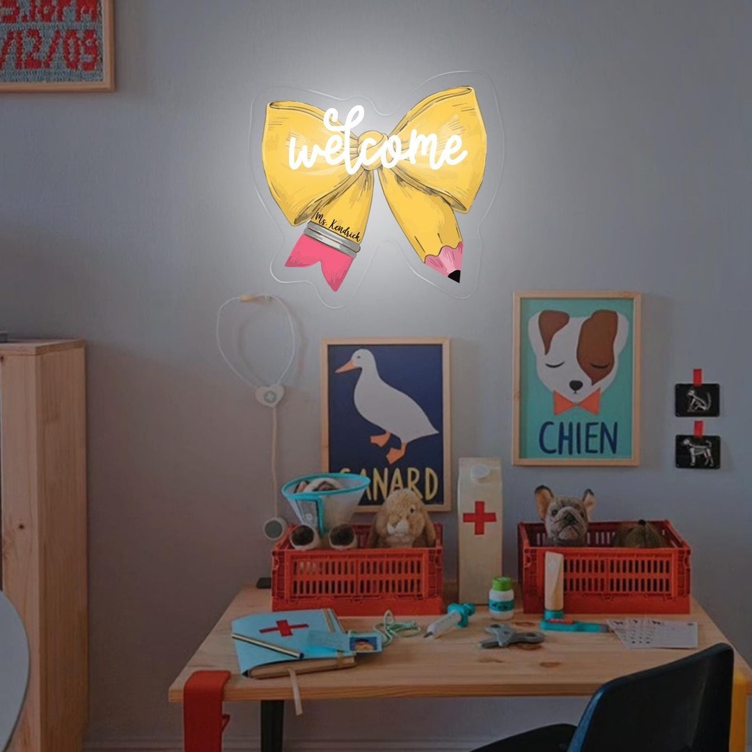 Custom Welcome Pencil Bow Neon Sign, Personalise Classroom Door Hanger ...