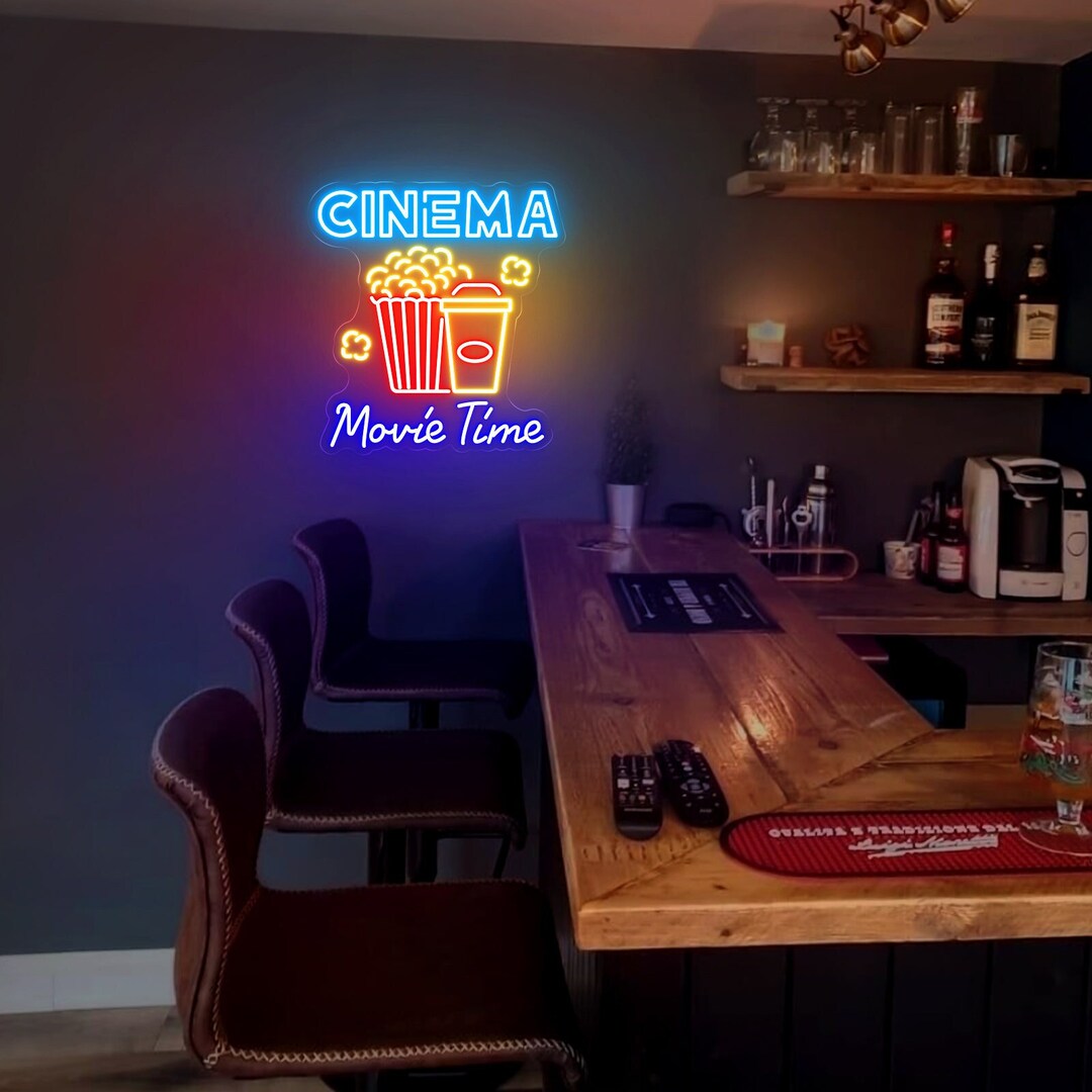 Cinema Movie Time Neon Sign, Movie Theater Led Light, Popcorn Neon ...
