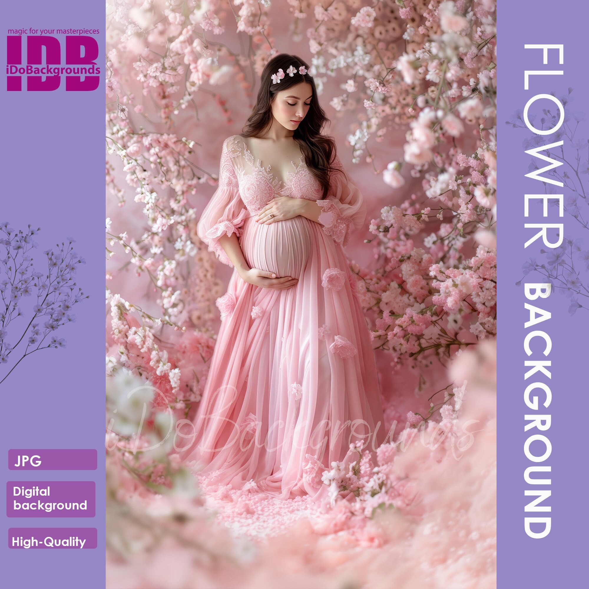 Pink Floral Spring Backdrop for Maternity and Portrait Photography ...