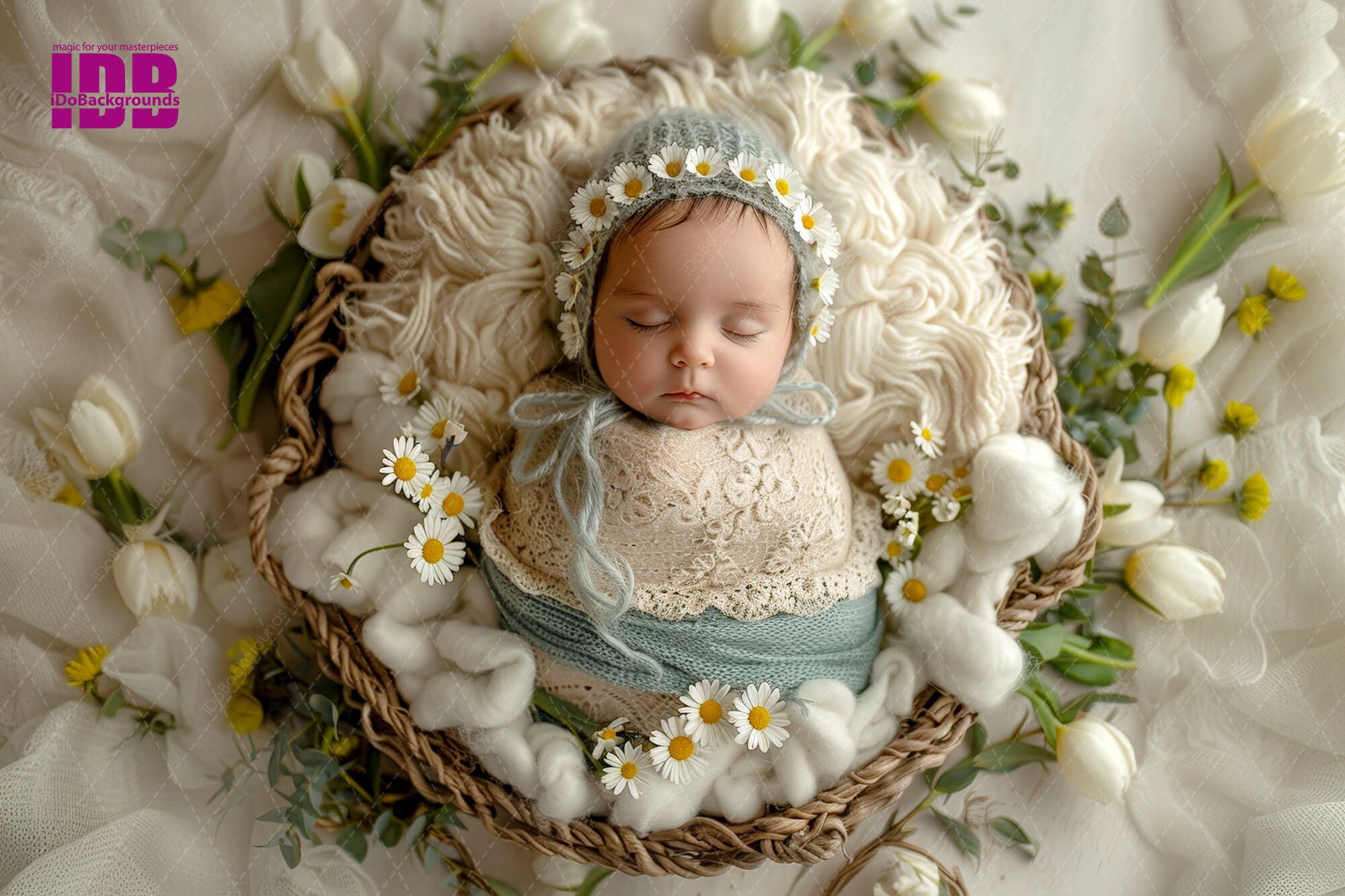 Newborn Photography Digital Backdrop, Boho Daisies, Face Insert (PNG ...