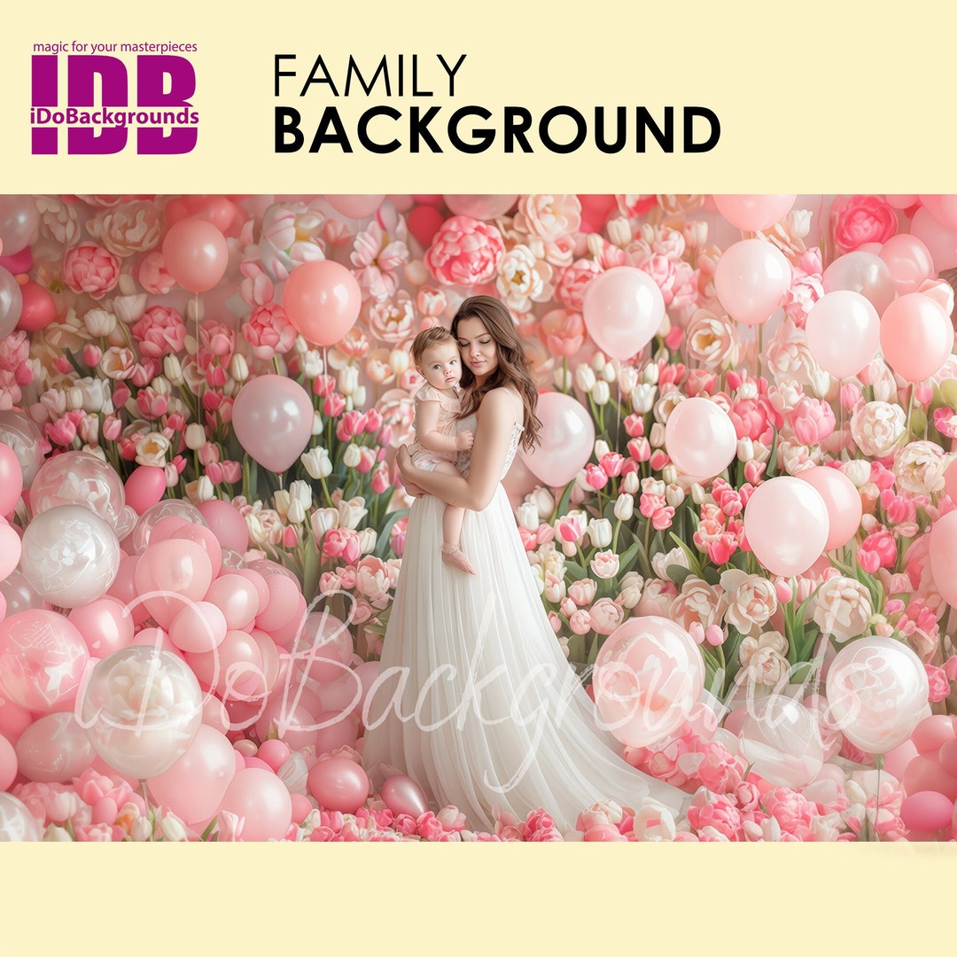 Mother's Day Digital Background, Mom & Me on Pink Flowers and Balloon ...