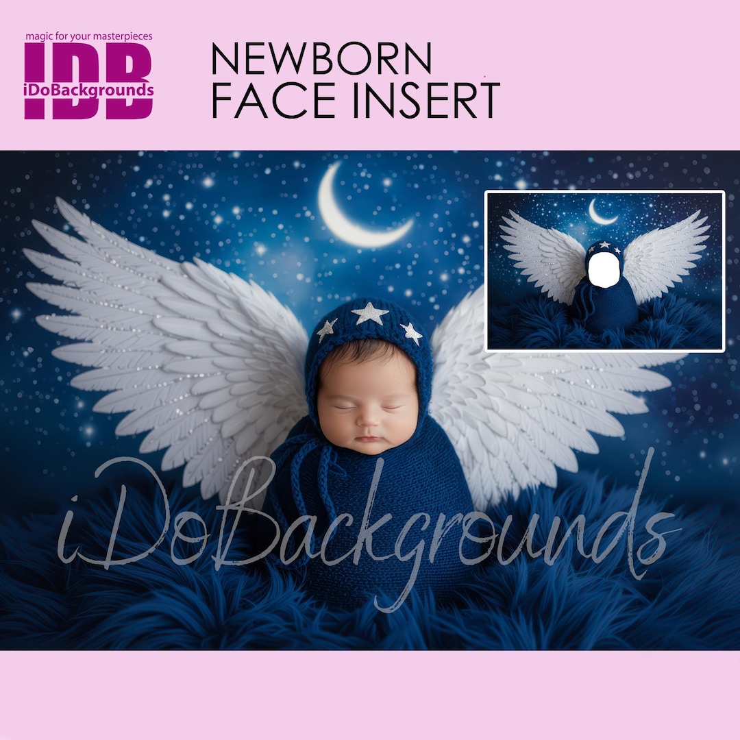 Blue Starry Night Newborn Face Insert, Angel Wings Newborn PNG Face ...