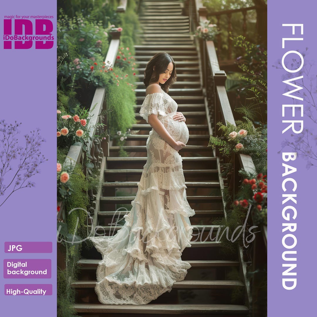 Green Floral Stair Backdrop for Maternity and Portrait Photography ...