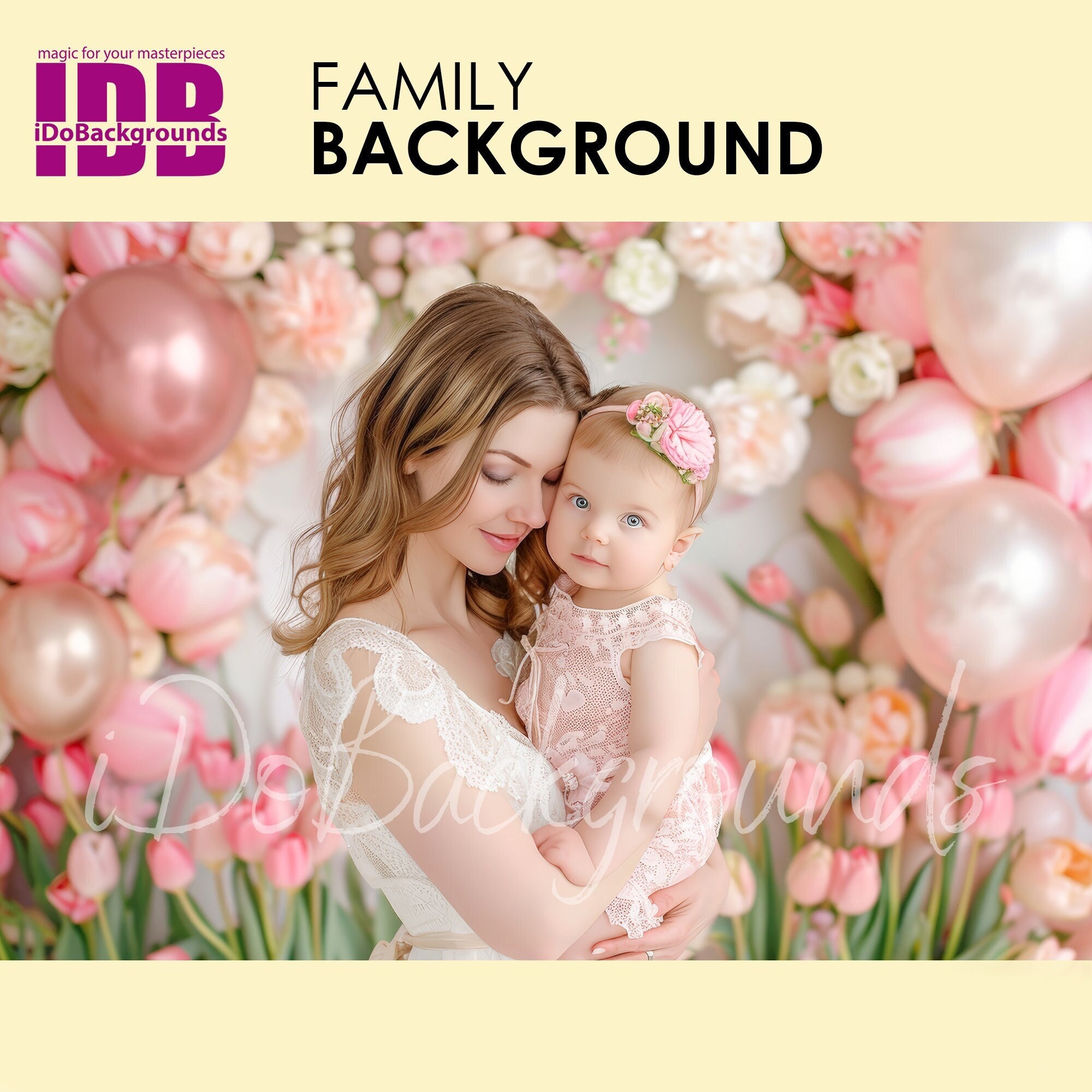 Mother's Day Digital Background, Mom & Me on Pink Flowers and Balloon ...