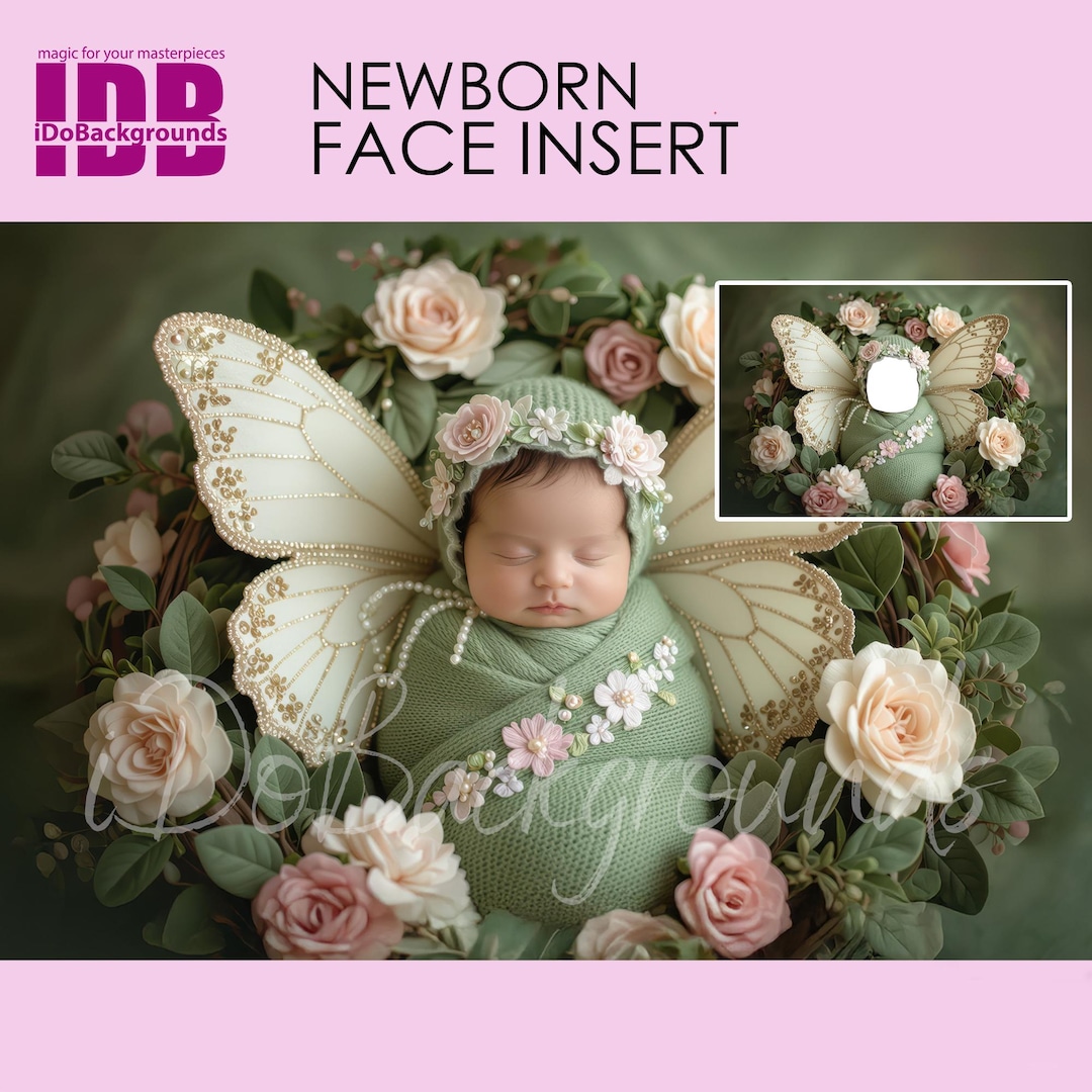 Elegance Butterfly Wing in Green, Newborn Digital Backdrop Face Insert ...