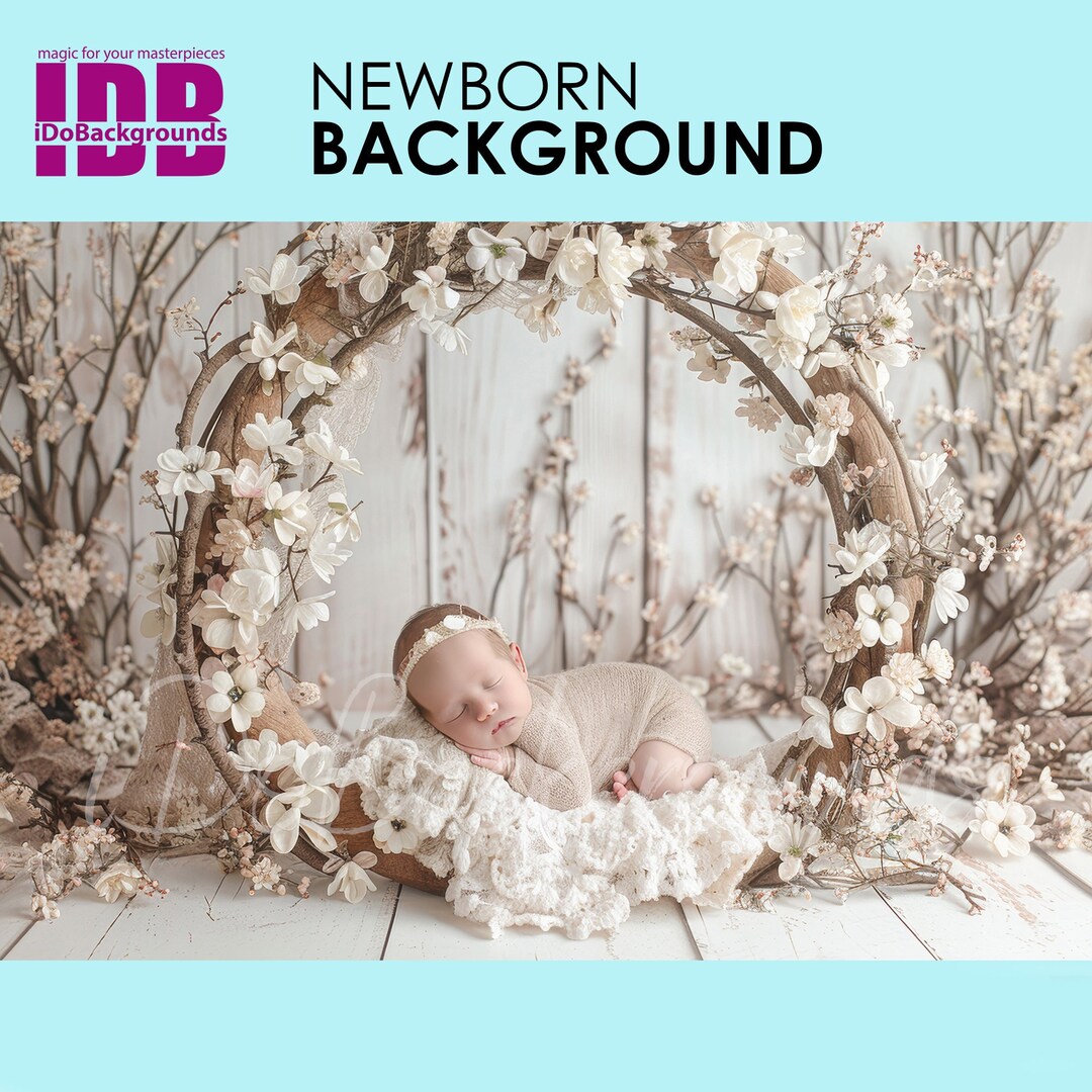Floral Newborn Digital Backdrop, Soft White Flowers Circle Spring ...