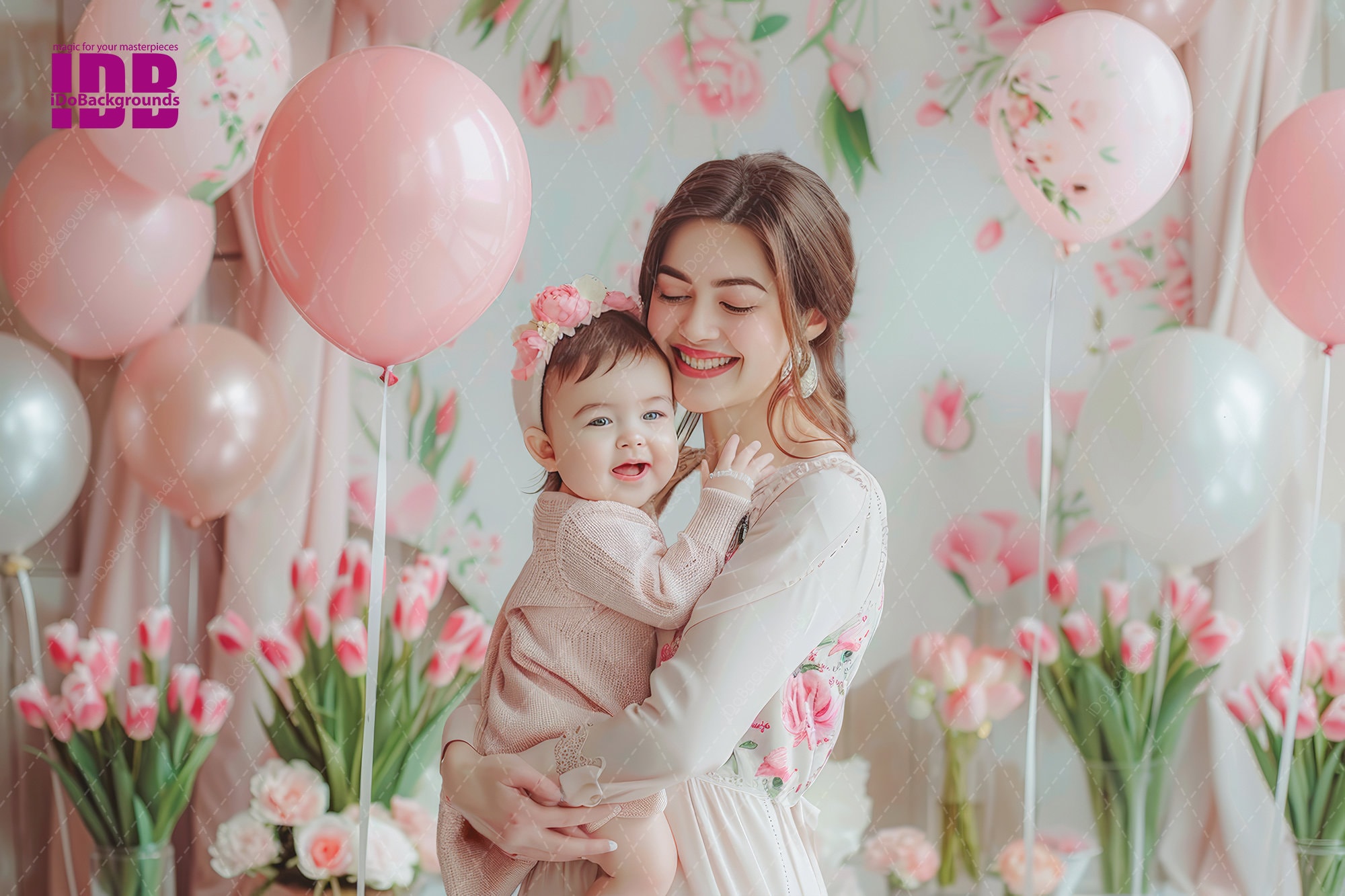 Mother's Day Digital Background, Mom & Me on Flowers and Balloon ...