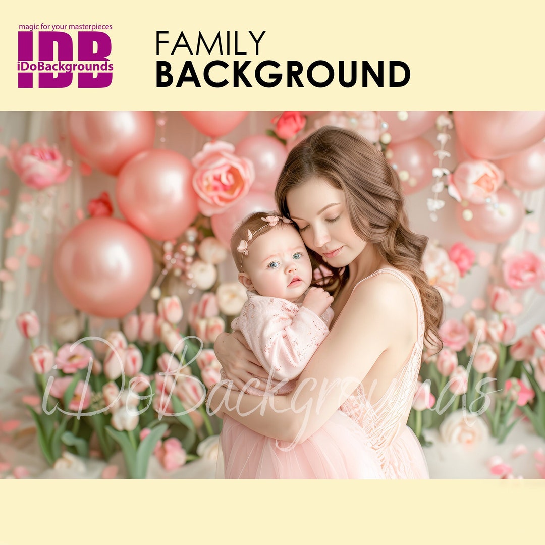 Mother's Day Digital Background, Mom & Me on Pink Flowers and Balloon ...