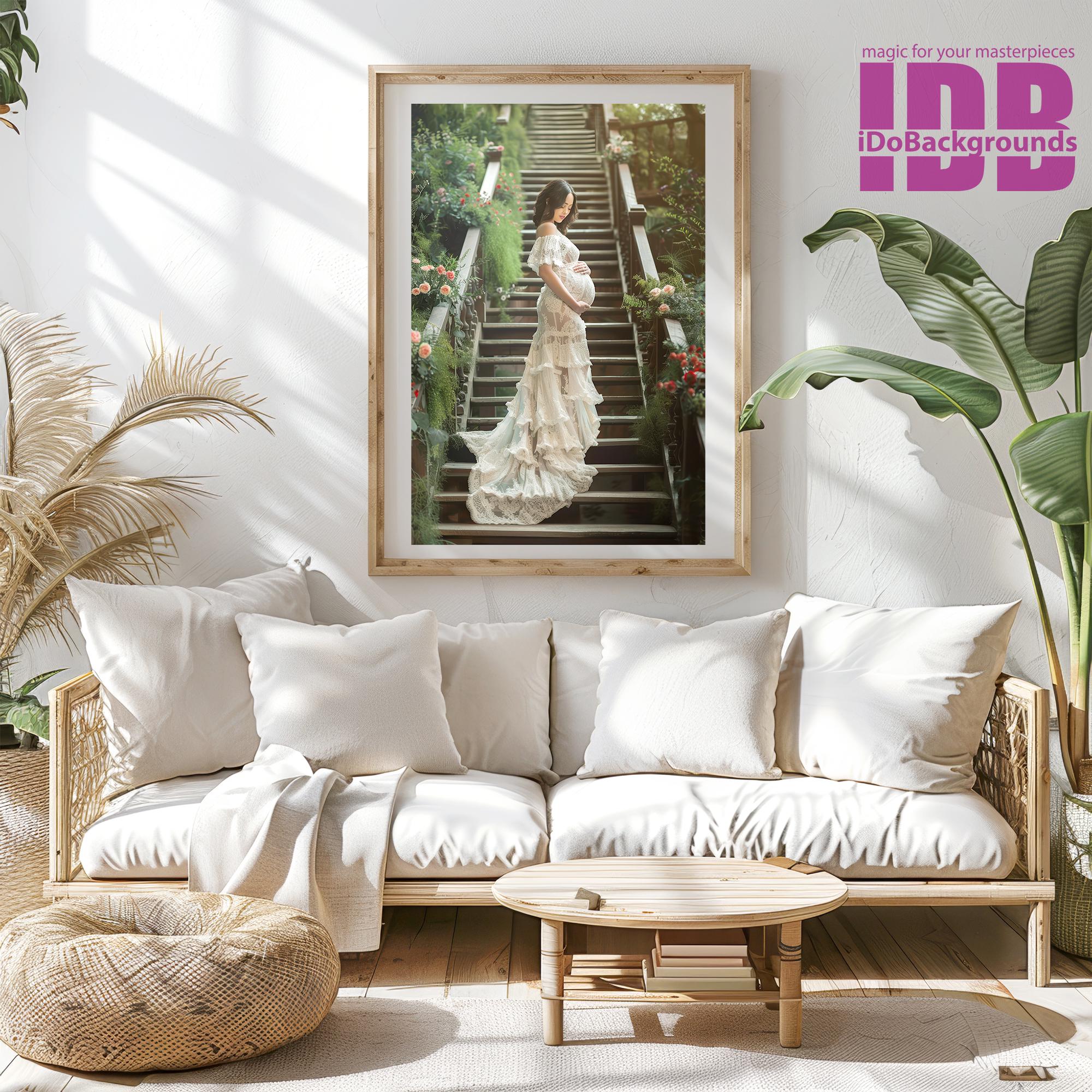 Green Floral Stair Backdrop for Maternity and Portrait Photography ...