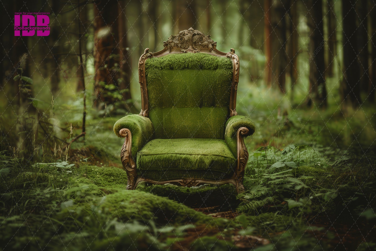 Fantasy Digital Background, Mossy Chair in Green Forest With Fox Moss ...