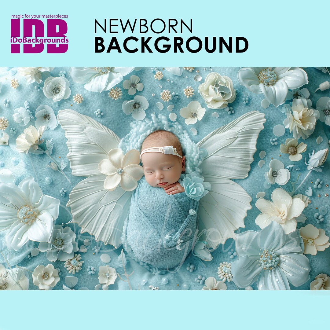 Newborn Butterfly Wings Digital Backdrop, Blue Floral, Elegance ...