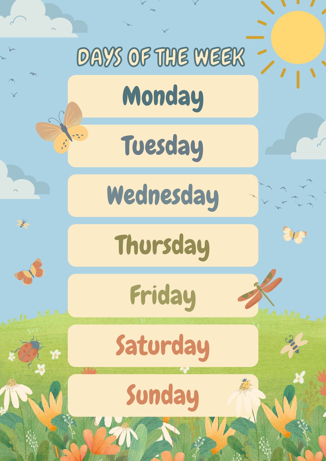 Spring Days of the Week, Printable Educational Posters Montessori ...