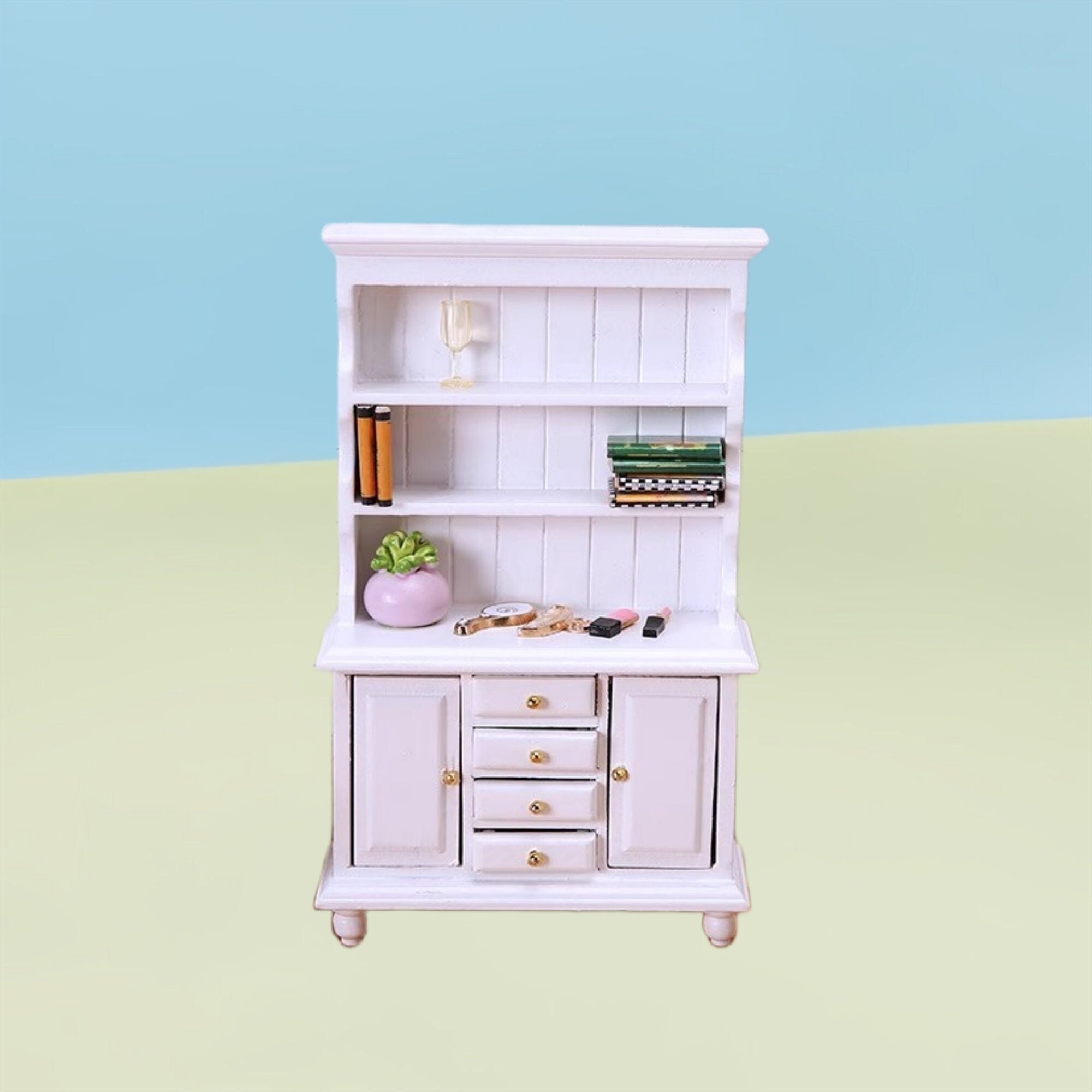 BJD White Cupboard Bookcase, Mini Cupboard Bookcase Dollhouse 1:12 ...