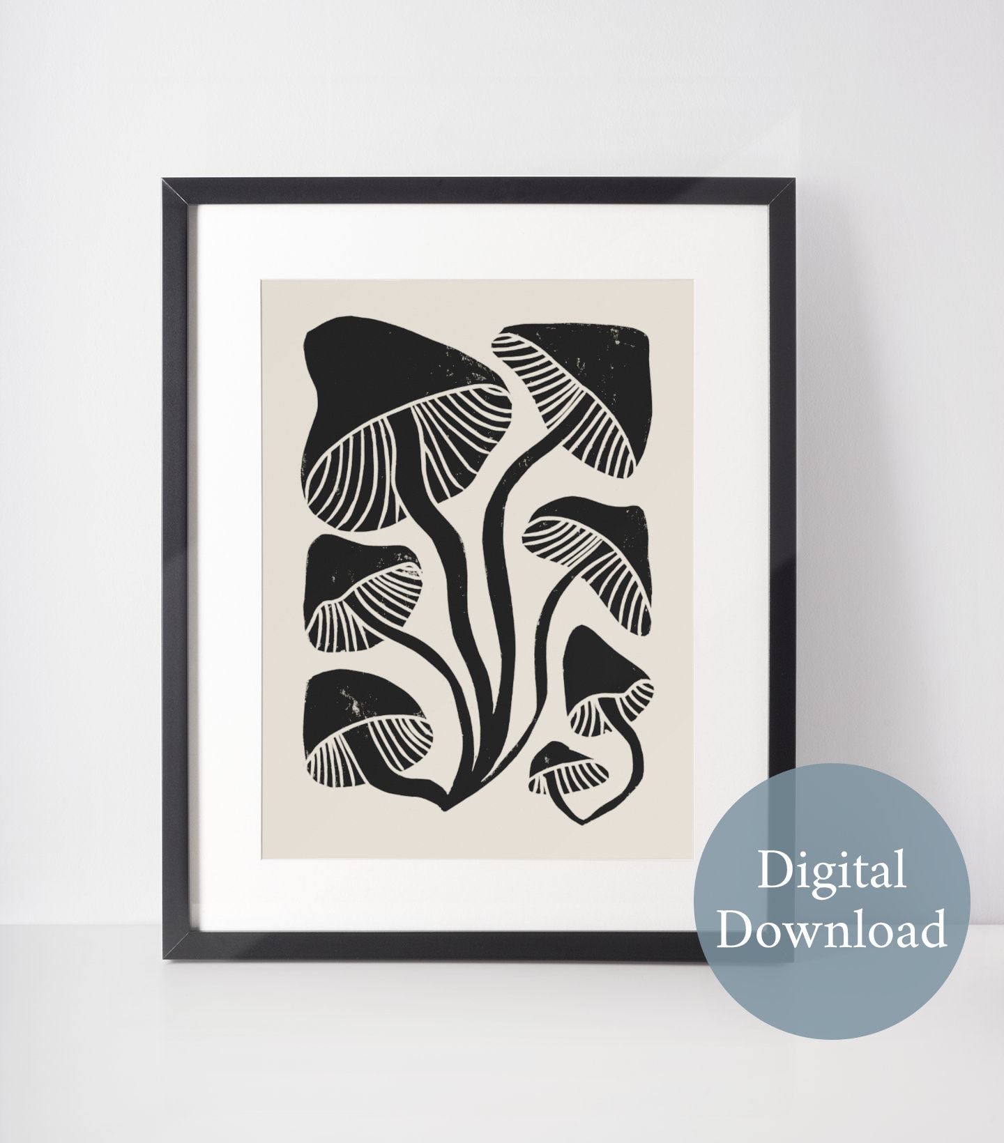 Mushrooms Digital Download Poster, Linocut Monochromatic Fungi Wall Art ...