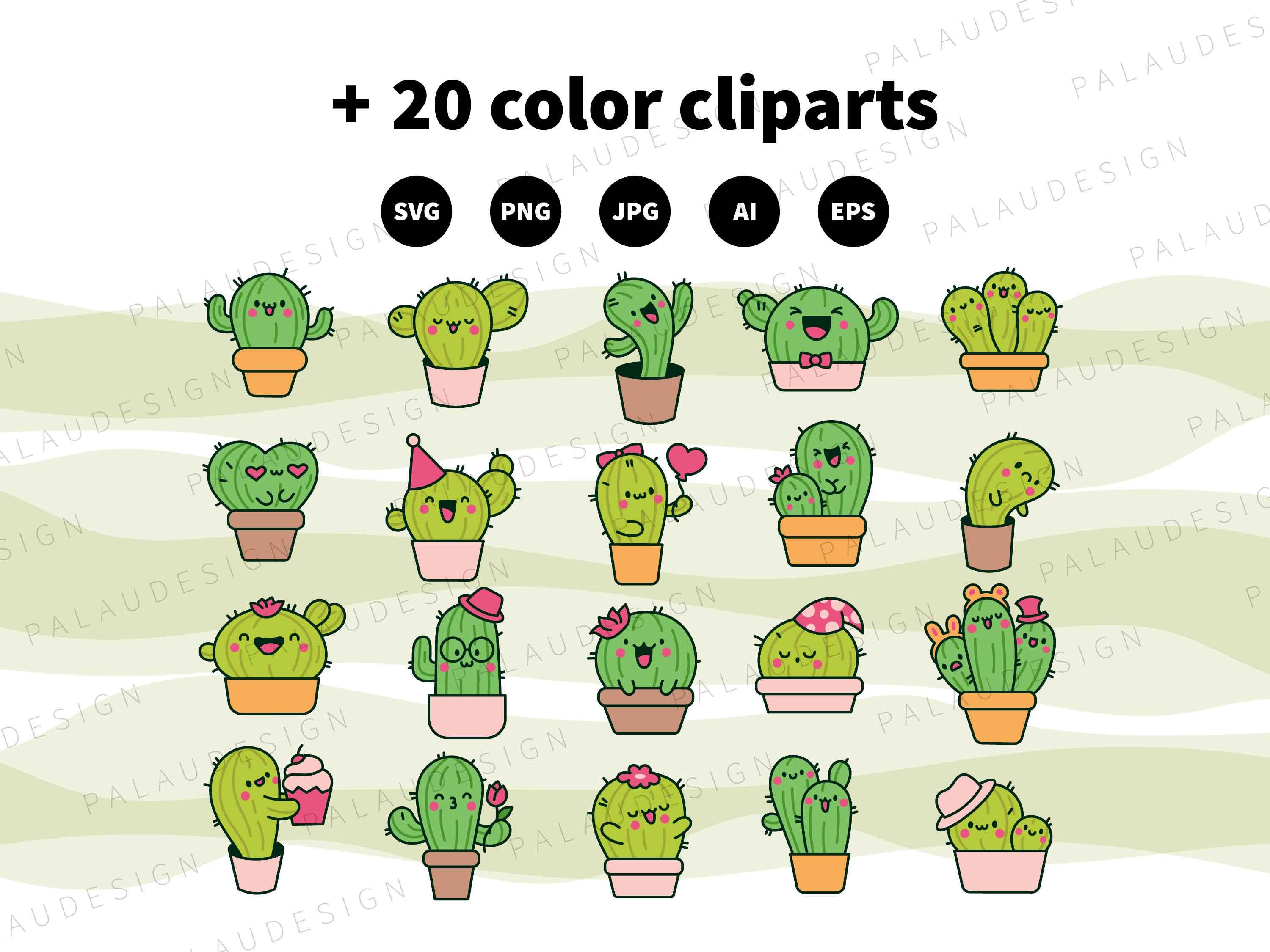 Cute Kawaii Cactus Clipart Bundle - Cartoon Succulent Characters ...