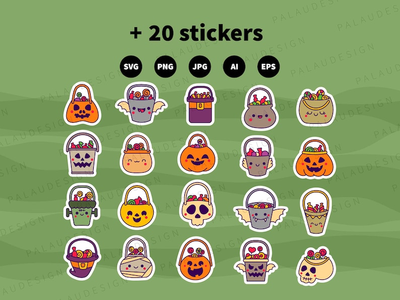 Cute Kawaii Halloween Candy Bucket Clipart Bundle, Printable Coloring ...