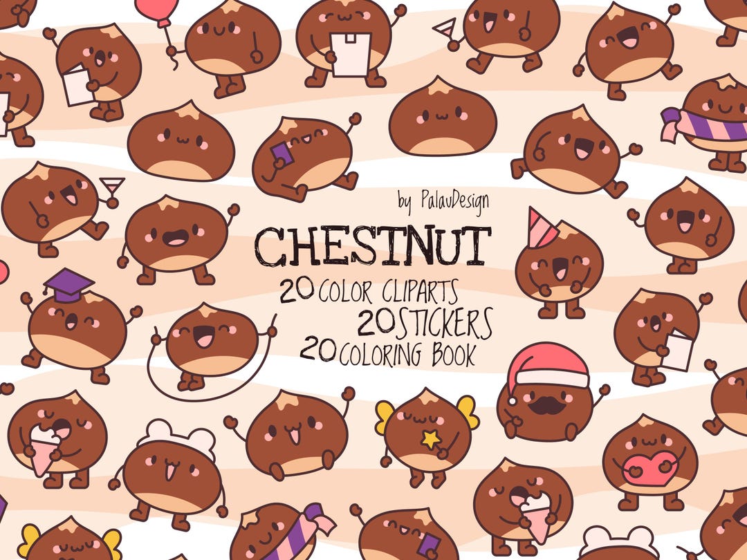 Cute Kawaii Chestnut Cartoon Characters Clipart Coloring Pages Stickers ...