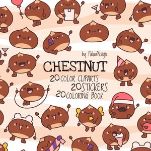 Kawaii Chestnut Cartoon Clipart: Coloring Pages & Stickers (digital ...