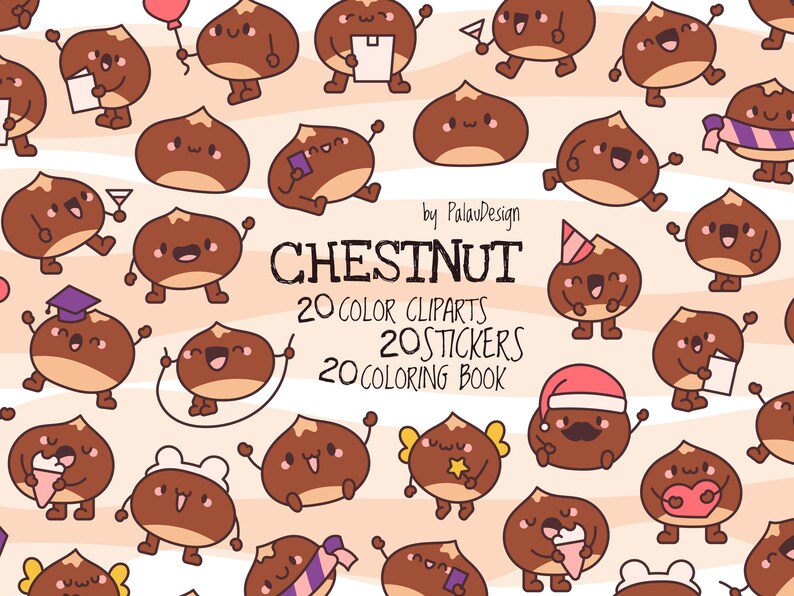 Cute Kawaii Chestnut Cartoon Characters Clipart Coloring Pages Stickers ...