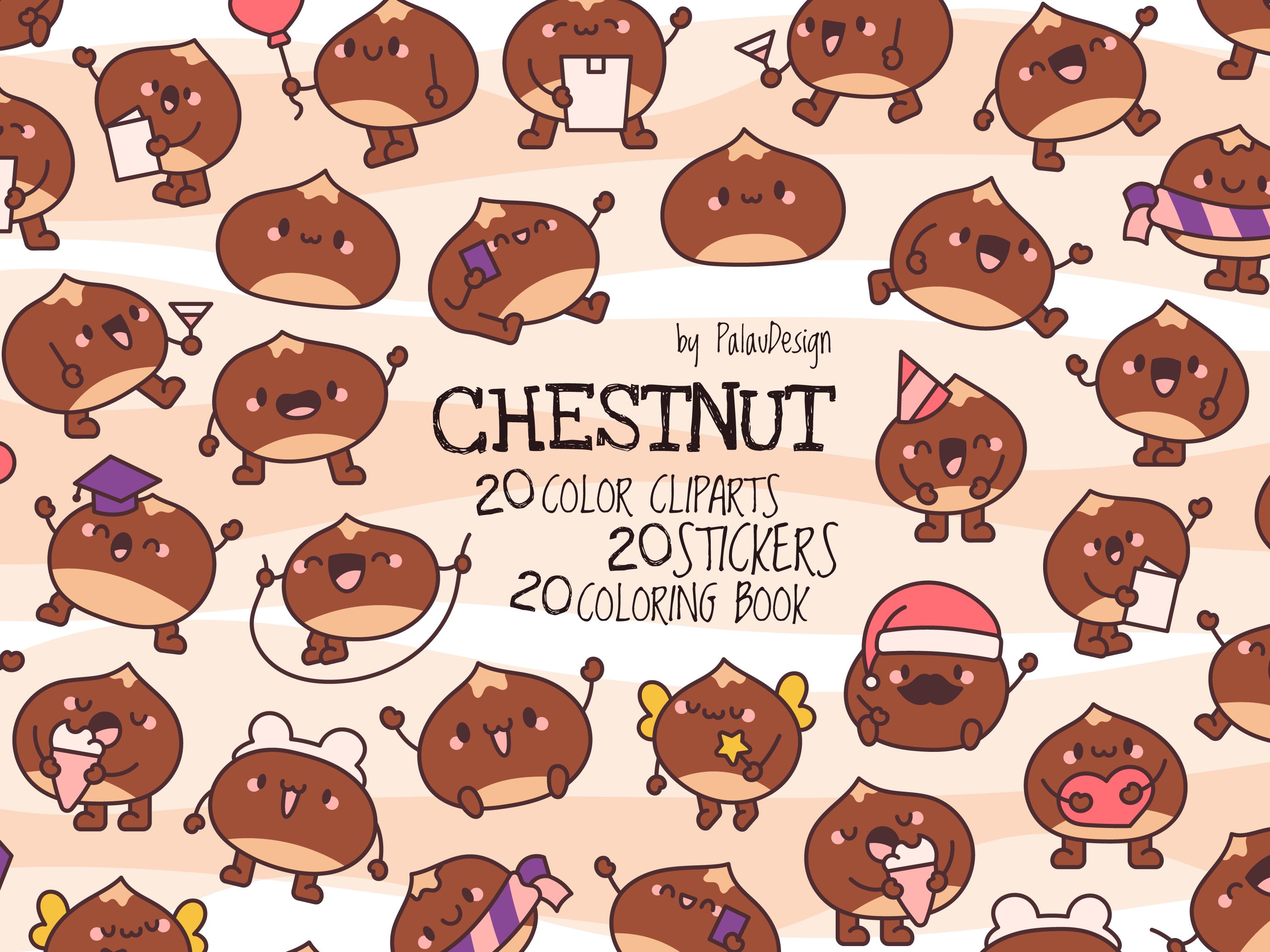 Cute Kawaii Chestnut Cartoon Characters Clipart Coloring Pages Stickers ...
